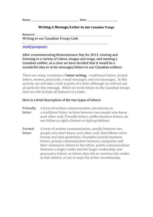 Writing A Message/letter To Our Canadian Troops printable pdf download