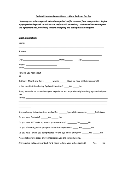 Lash Consent Form Alison Andrews Spa Printable Pdf Download