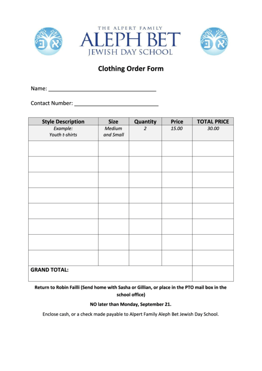 Sample Clothing Order Form printable pdf download