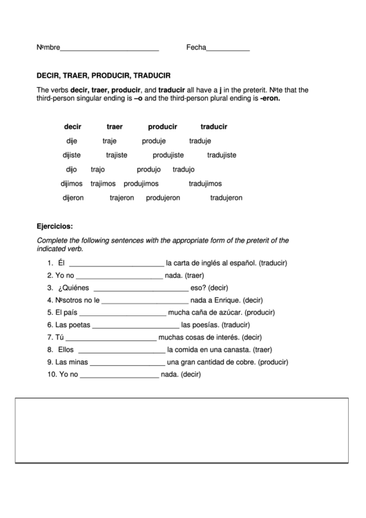 Decir, Traer, Producir, Traducir Worksheet printable pdf download