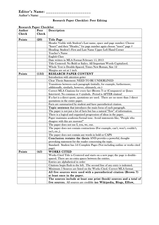 Research Paper Peer Editing Checklist Printable Pdf Download