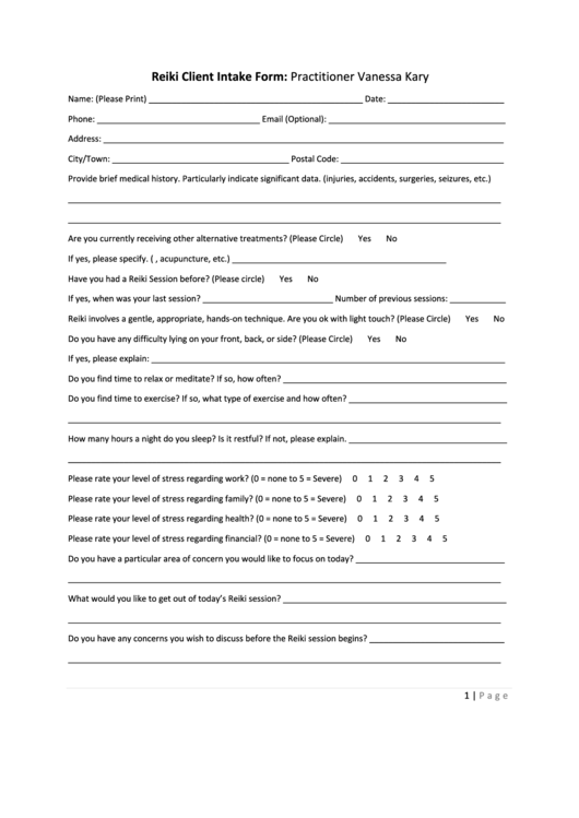 Reiki Client Intake Form Printable Pdf Download
