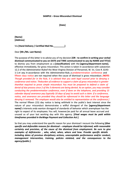 Gross Misconduct Dismissal Letter Template Printable Pdf Download