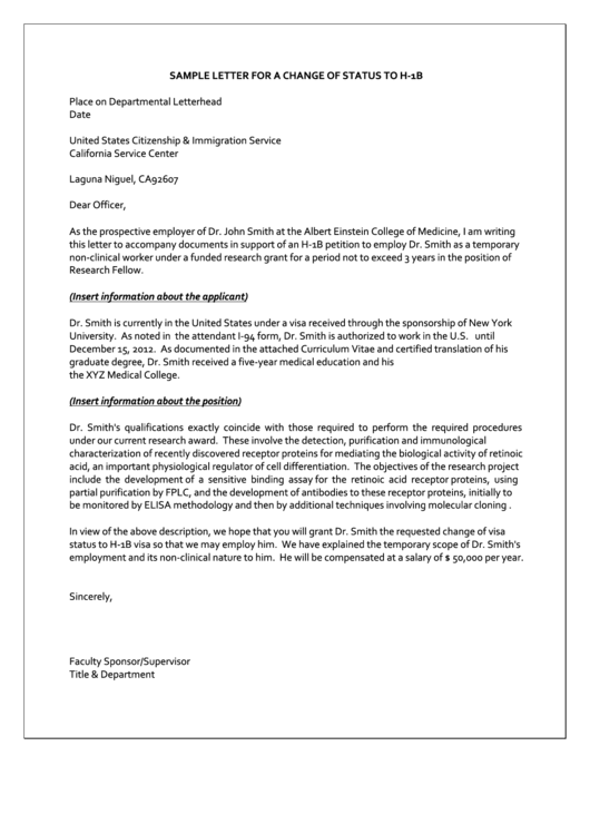 Sample Letter For A Change Of Status To H 1b United States