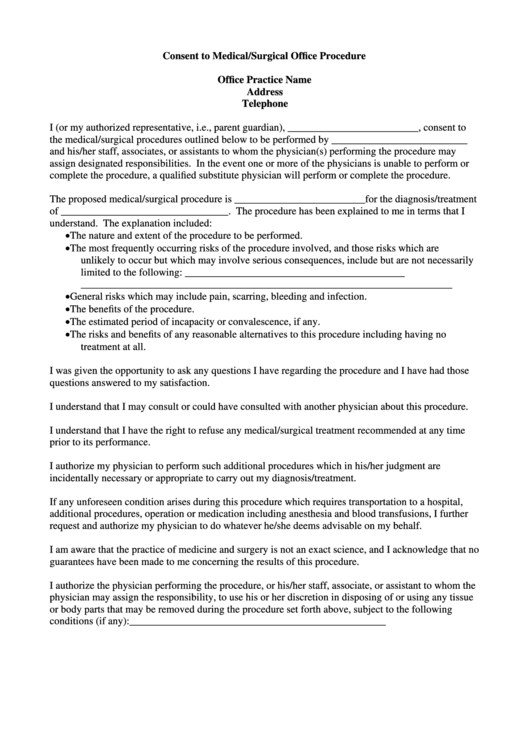 Consent To Medical/surgical Office Procedure printable pdf download