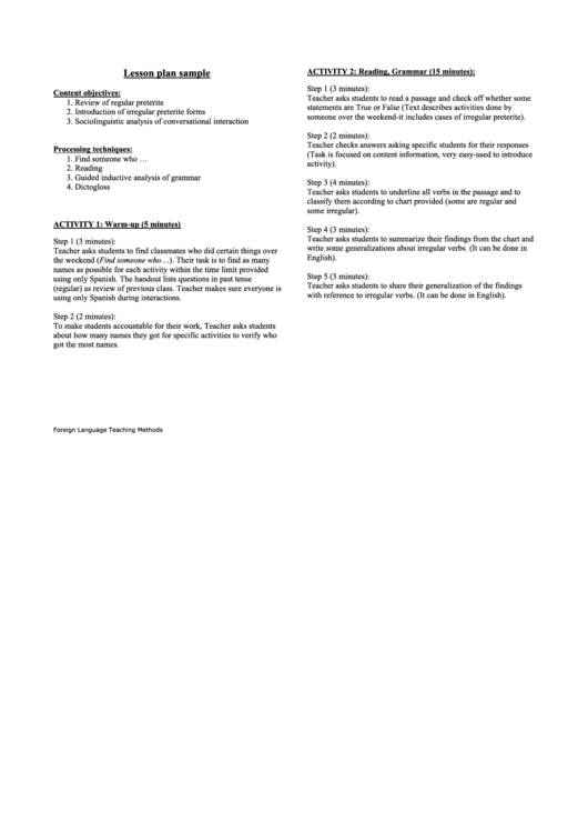 Sample Foreign Language Lesson Plan Template Printable Pdf Download