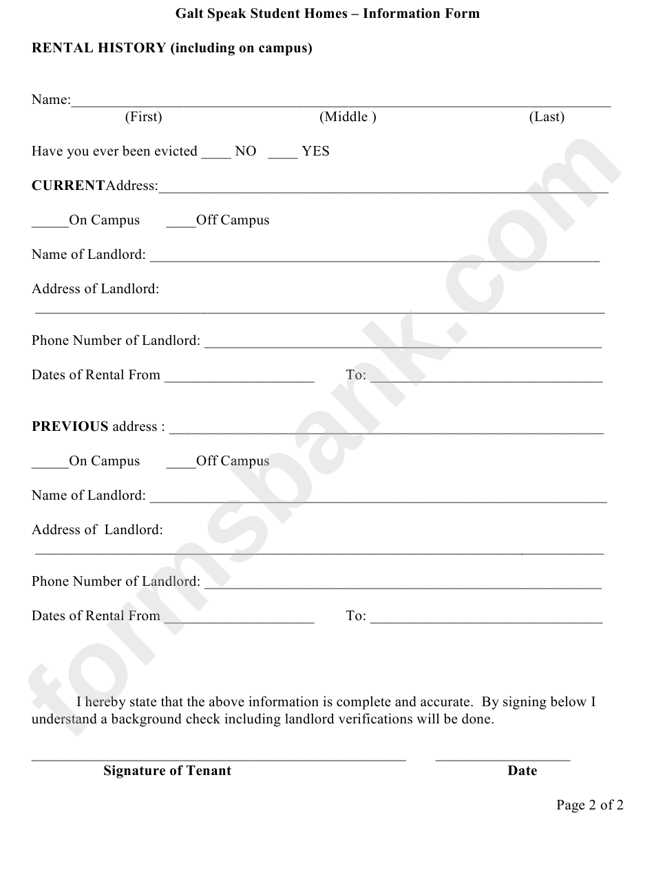 Galt Speak Student Homes - Information Form printable pdf download