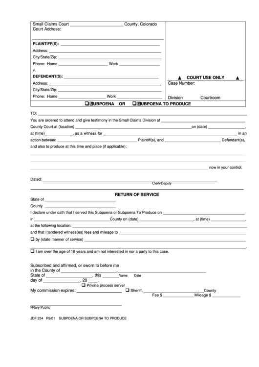Fillable Form Jdf 254 - Subpoena Or Subpoena To Produce printable pdf ...