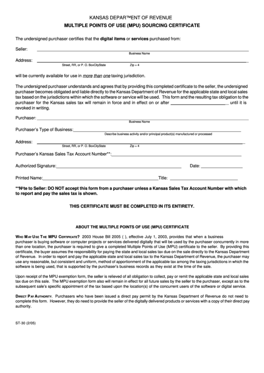 Form St 30 Multiple Points Of Use Mpu Sourcing Certificate Kansas