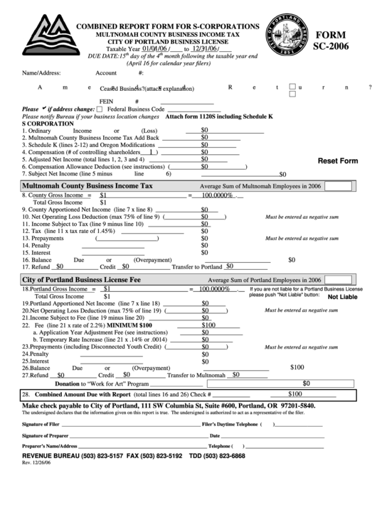 Fillable Form Sc-2006 - Combined Report Form For S-Corporations - 2006 ...