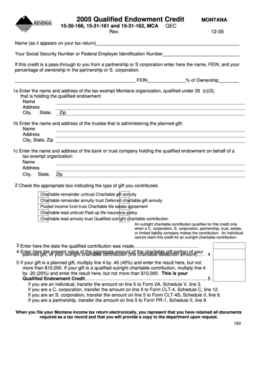 Fillable Montana Form Qec - Qualified Endowment Credit - 2005 printable ...