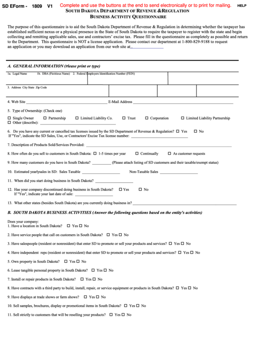 Fillable Sd E-Form 1809 - Business Activity Questionnaire printable pdf ...
