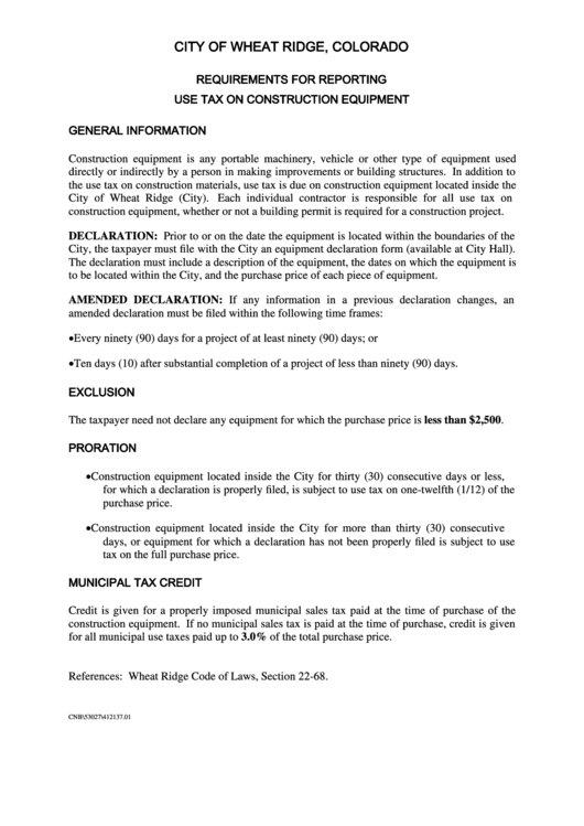 Construction Equipment Declaration For Proration Of Municipal Use Tax ...