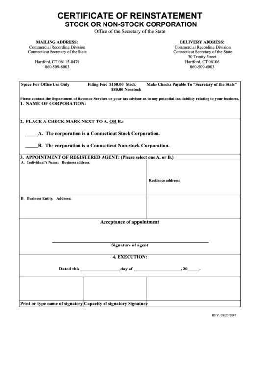 Certificate Of Reinstatement - Stock Or Non-Stock Corporation ...