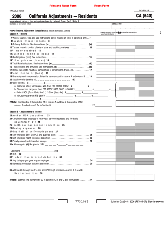 Fillable Form Ca 540 California Adjustments Residents 2006 Fillable Form Ca 540 California Adjustments Residents 2006