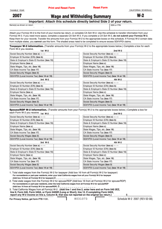 Fillable California Schedule W-2 - Wage And Withholding Summary - 2007 ...