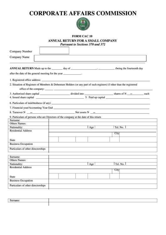 Form Cac 10 Annual Return For A Small Company Corporate Affairs