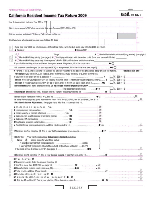 Fillable Form 540a - California Resident Income Tax Return - 2009 ...
