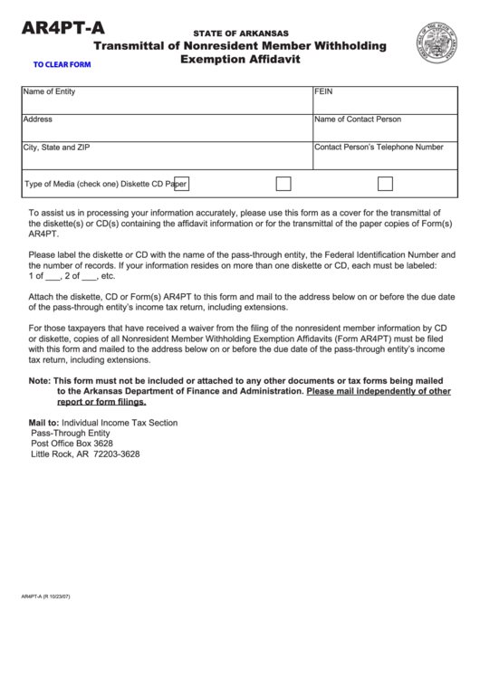 Fillable Form Ar4pt-A - Transmittal Of Nonresident Member Withholding ...