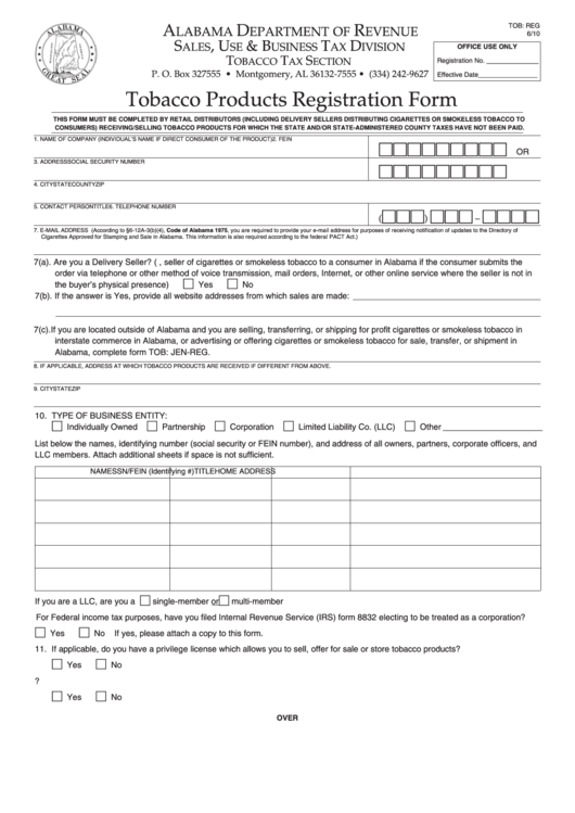 Fillable Tobacco Products Registration Form - Alabama printable pdf ...