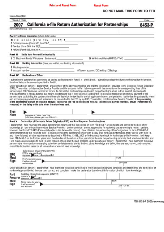 Fillable Form 8453-P - California E-File Return Authorization For ...