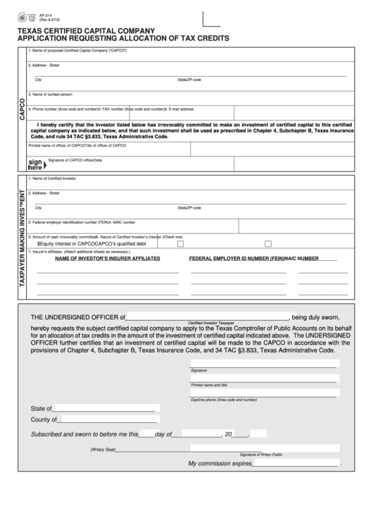 Fillable Form Ap-214 9/7/2 - Teax Certified Capital Company Application ...