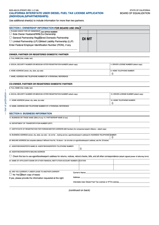 Fillable From Boe-400-Di - Diesel Fuel Tax License Application ...
