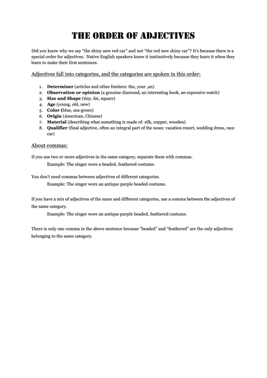 Order Of Adjectives Englsih Cjeat Sheet printable pdf download