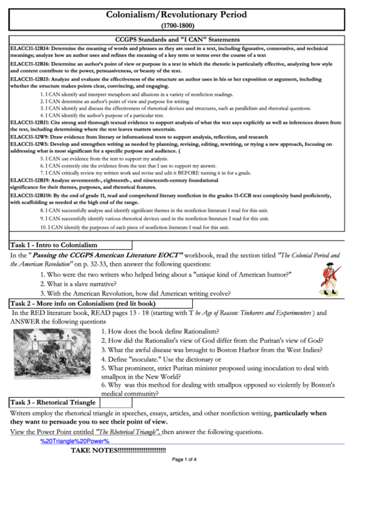 Colonialism/revolutionary Period (1700-1800) Worksheet printable pdf ...
