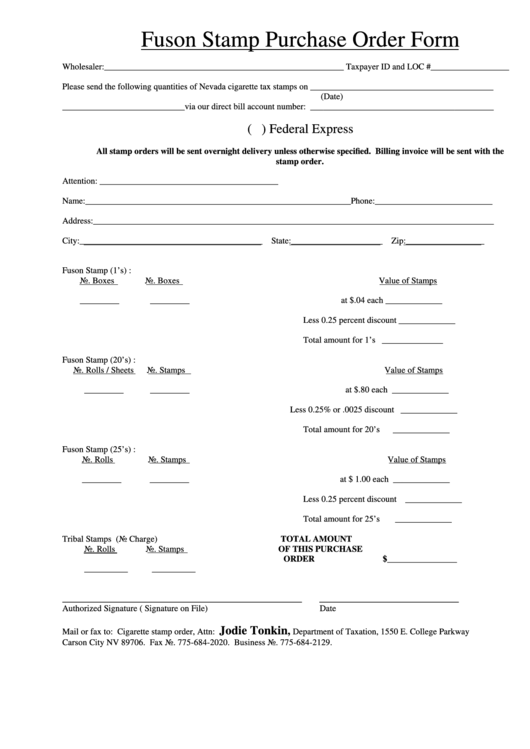Fuson Stamp Purchase Order Form - Carson City, Nv printable pdf download