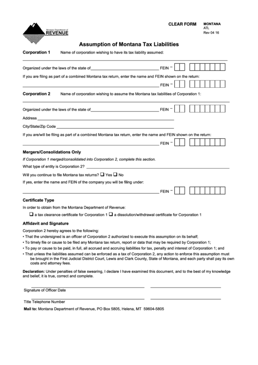 Fillable Montana Form Atl - Assumption Of Montana Tax Liabilities ...