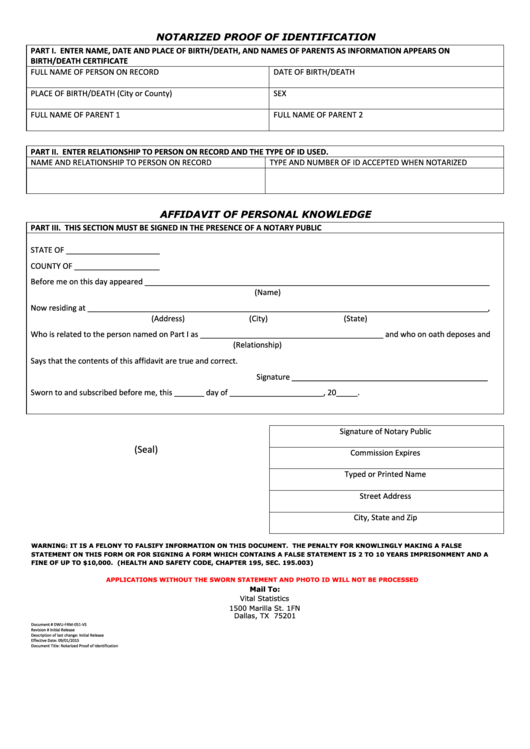 Notarized Proof Of Identification Form Texas Printable Pdf Download