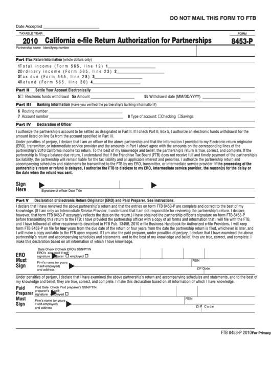 Form 8453-P - California E-File Return Authorization For Partnerships ...