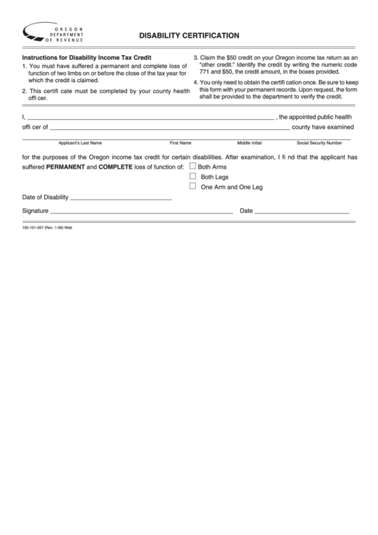 Fillable Disability Certification Form - Oregon printable pdf download