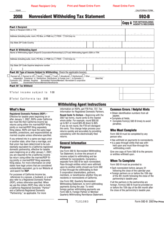 Fillable California Form 592 B Nonresident Withholding Tax Statement