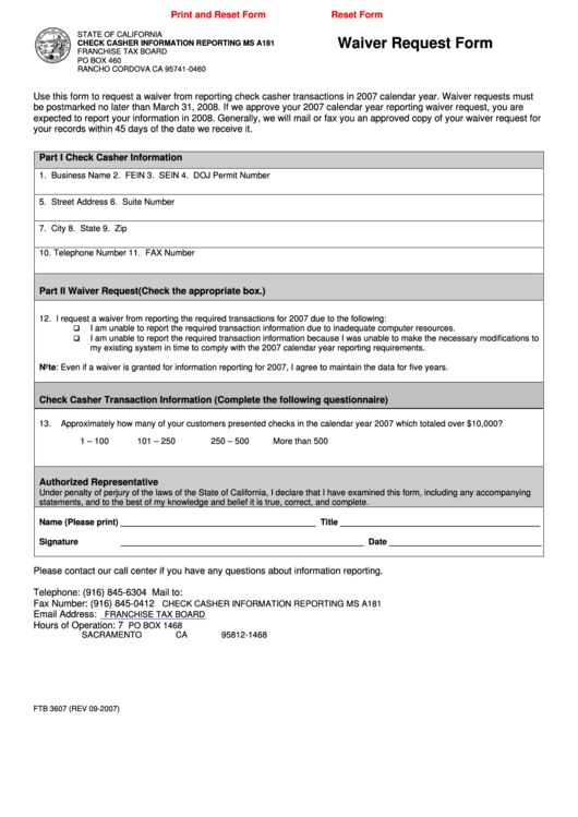 Fillable Ftb 3607 9/07 - Waiver Request Form - State Of California ...