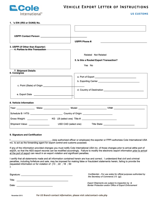 Vehicle Export Letter Of Instructions Form printable pdf download