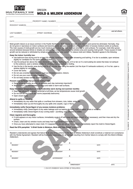 Mold & Mildew Addendum Template Sample printable pdf download