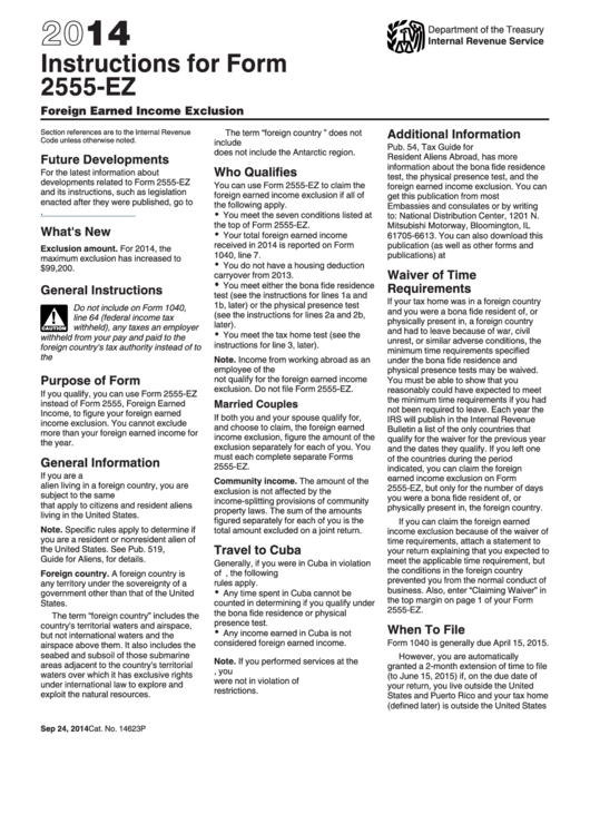 2014 Instructions For Form 2555-Ez - Foreign Earned Income Exclusion ...