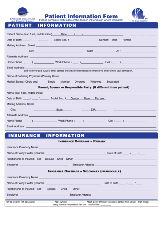 Patient Information Form printable pdf download