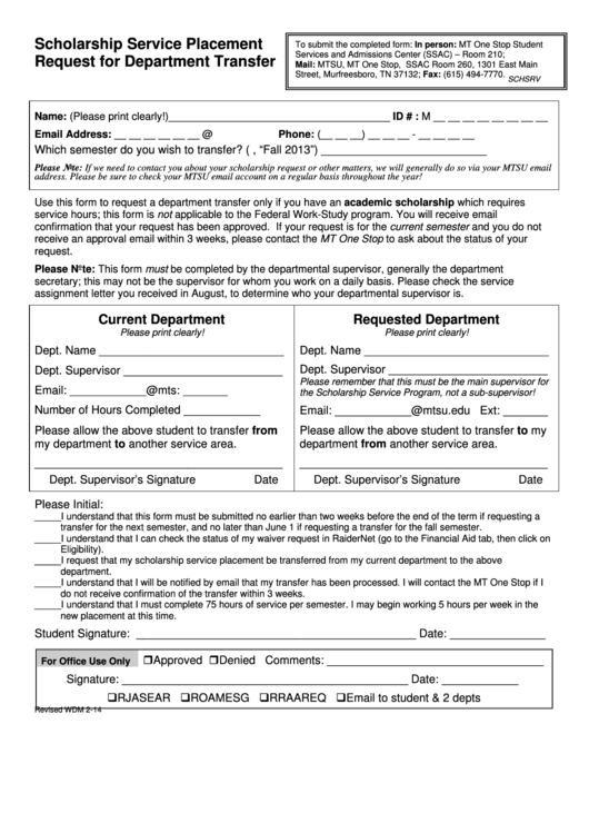 Scholarship Service Placement Request For Department Transfer Form ...