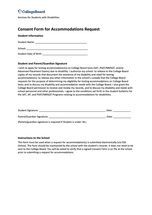Fillable Consent Form For Accommodations Request printable pdf download
