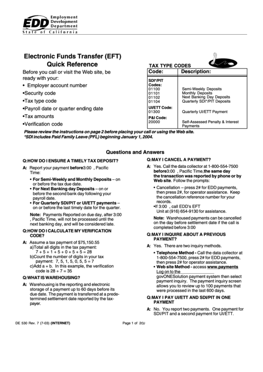 Electronic Funds Transfer (Eft) Quick Reference Form printable pdf download