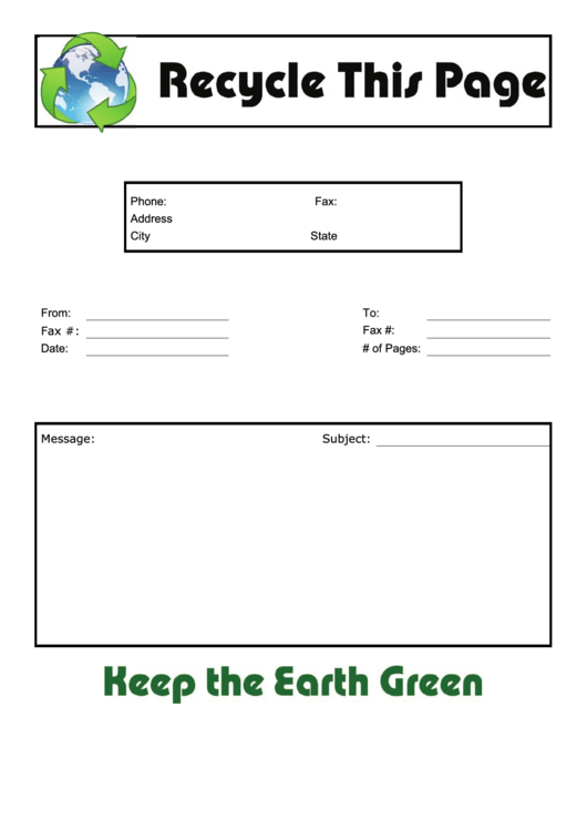 Recycle This Page - Fax Cover Sheet printable pdf download