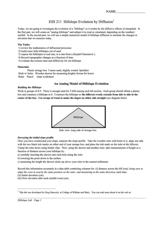 Hillslope Evolution By Diffusion Worksheet printable pdf download