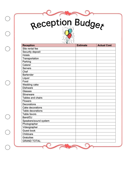 Reception Budget Template Printable Pdf Download