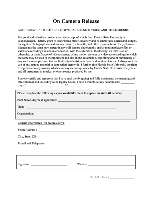 On Camera Release Form printable pdf download