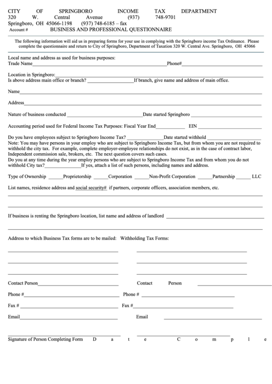 Business And Professional Questionnaire - City Of Springboro printable ...