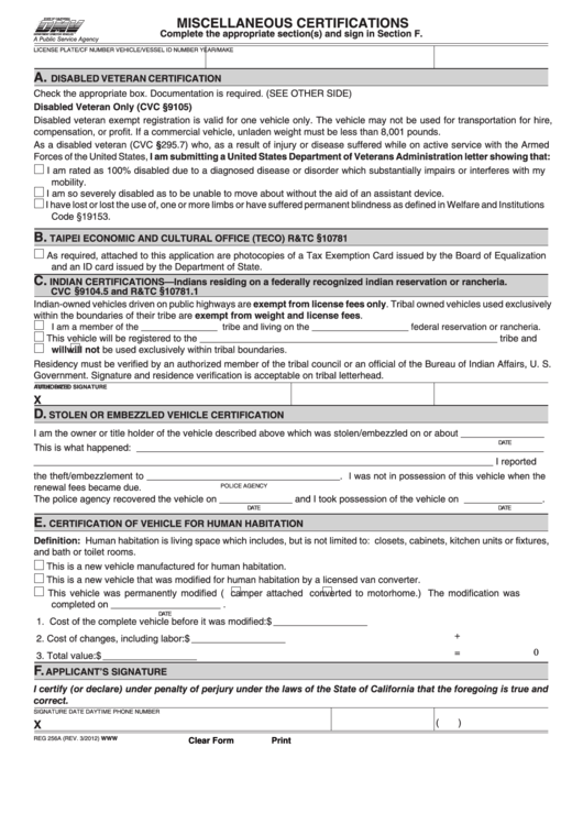Fillable Form Reg 256a Miscellaneous Certifications Printable Pdf