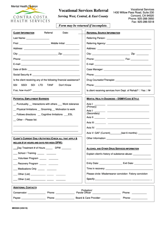 Mhc024 Form - Vocational Services Referral printable pdf download